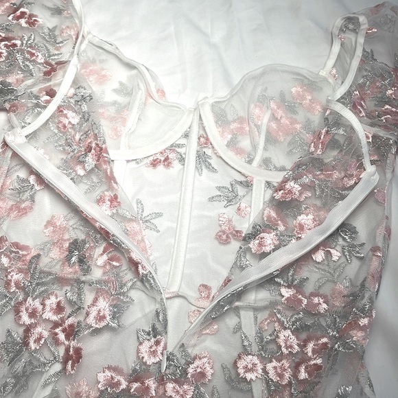 Tops | Transparent Body Suit With Pink And Silver Floral Embroidery ...